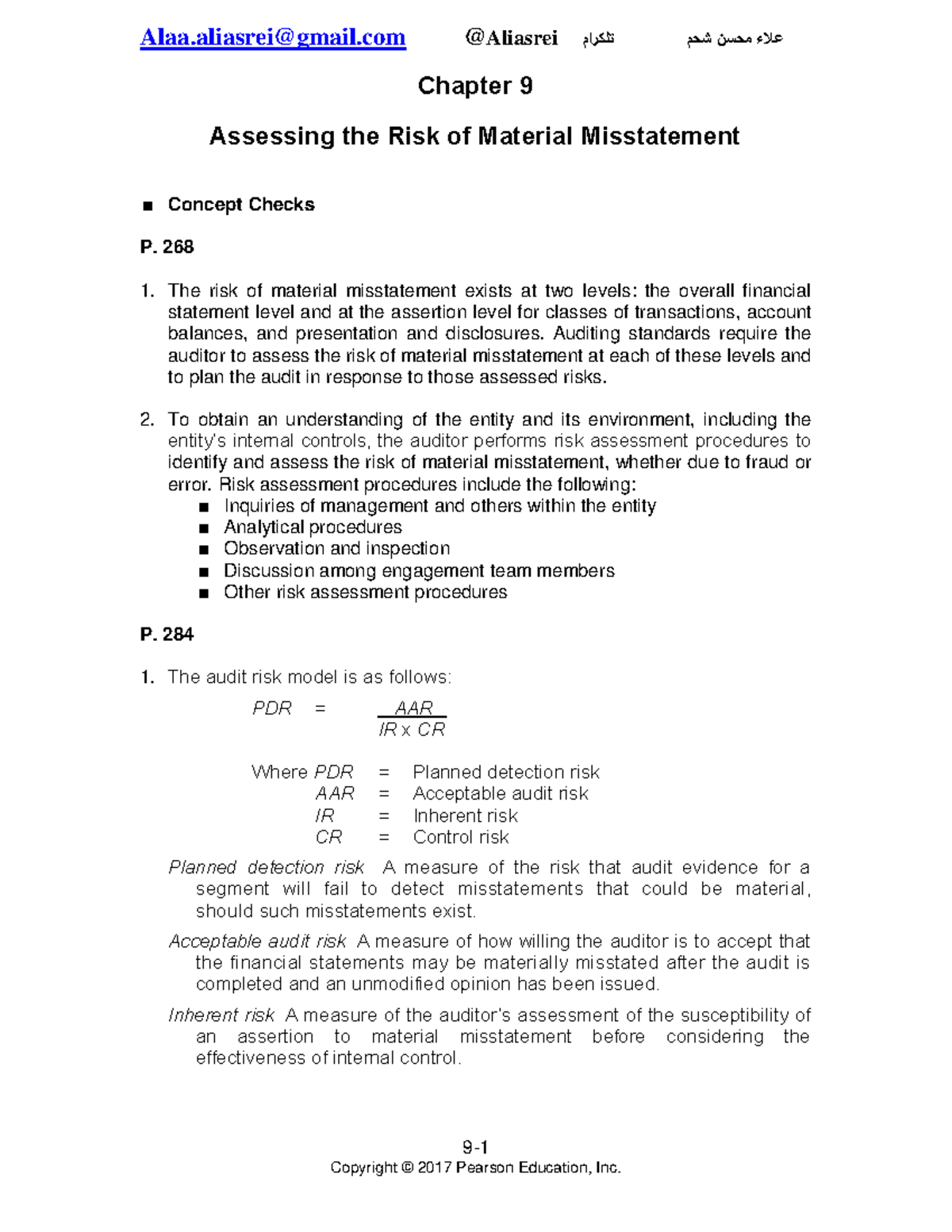 SOLUTION arens_auditing16e_sm_09 - 9- Chapter 9 Assessing the Risk of ...