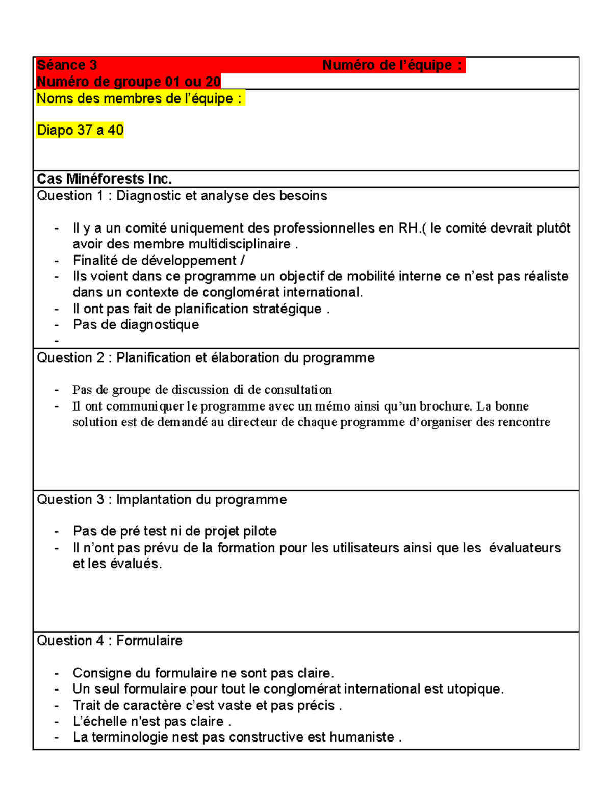 Feuille reponse ORH 5601 séance 3 Minéforest - Séance - Studocu