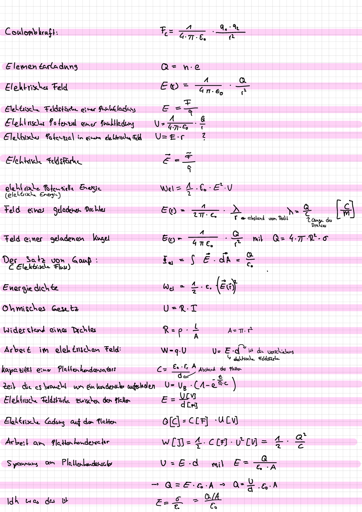 Formelsammlung Physik - 1 Coulombkraft : F G . 92 C Eo r T Elementarladung Q = n. e 1 ...