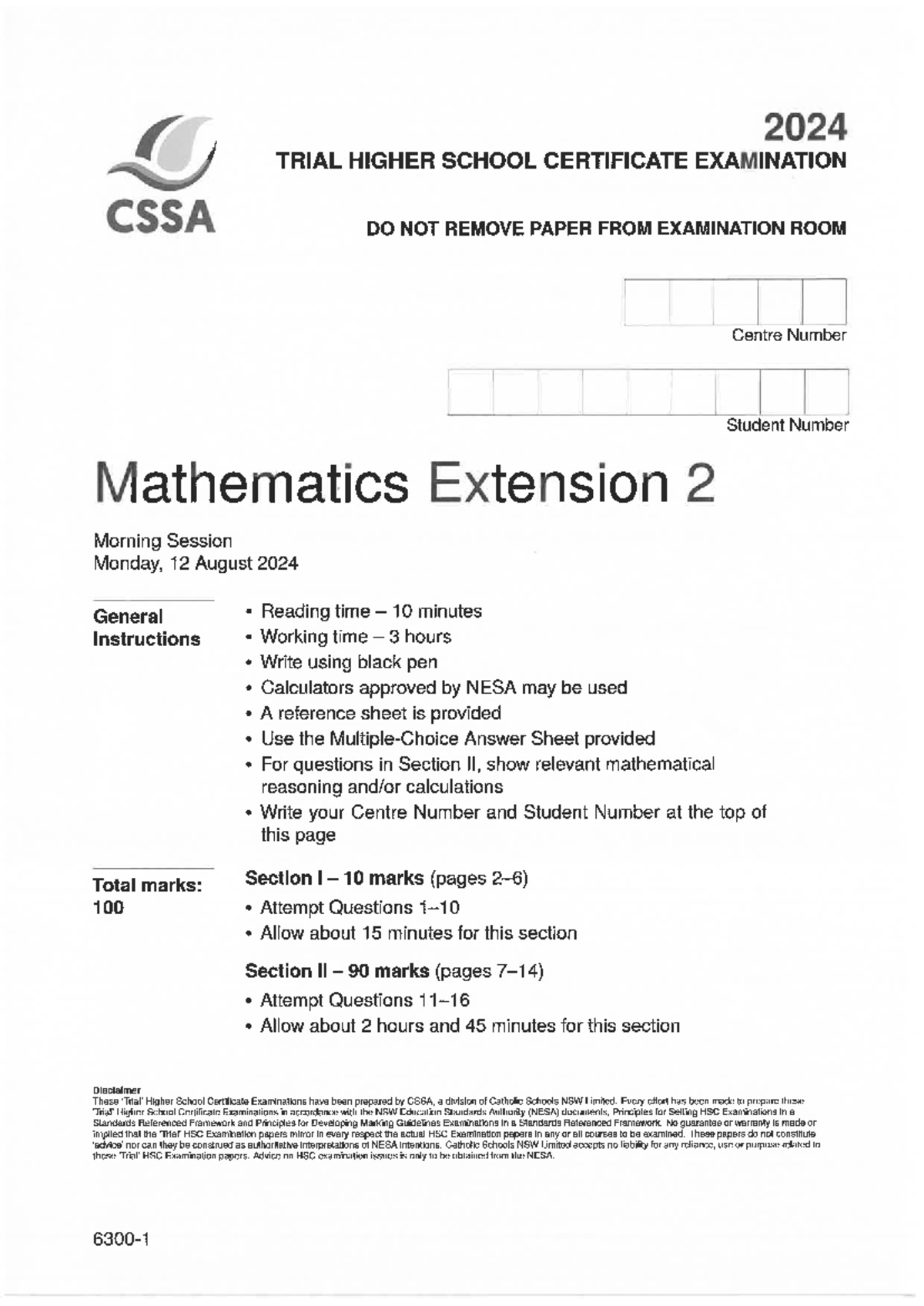 CSSA 4U 2024 Paper - 2024 TRIAL HIGHER SCHOOL CERTIFICATE EXAMINATION ...