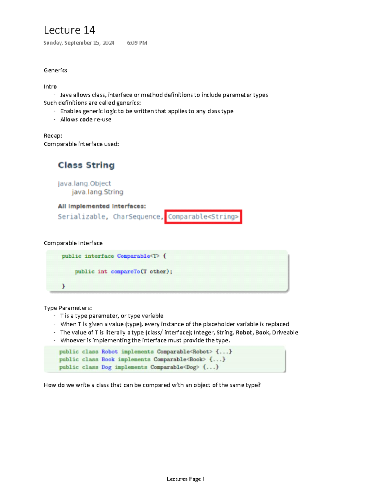 Lecture 14 - Generics Intro - Java allows class, interface or method definitions to include ...