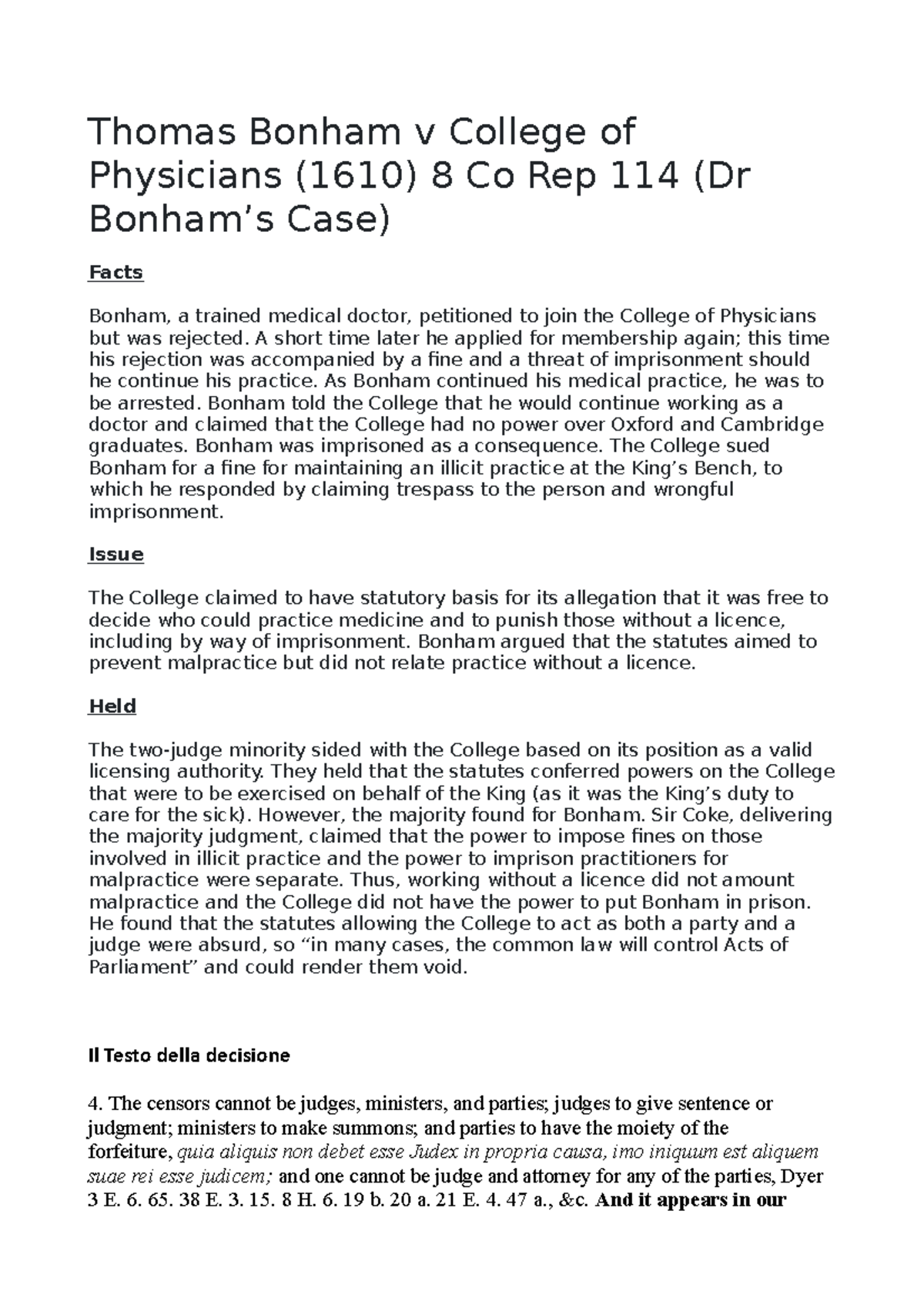 Bonham Case - bhonam case - Thomas Bonham v College of Physicians (1610 ...