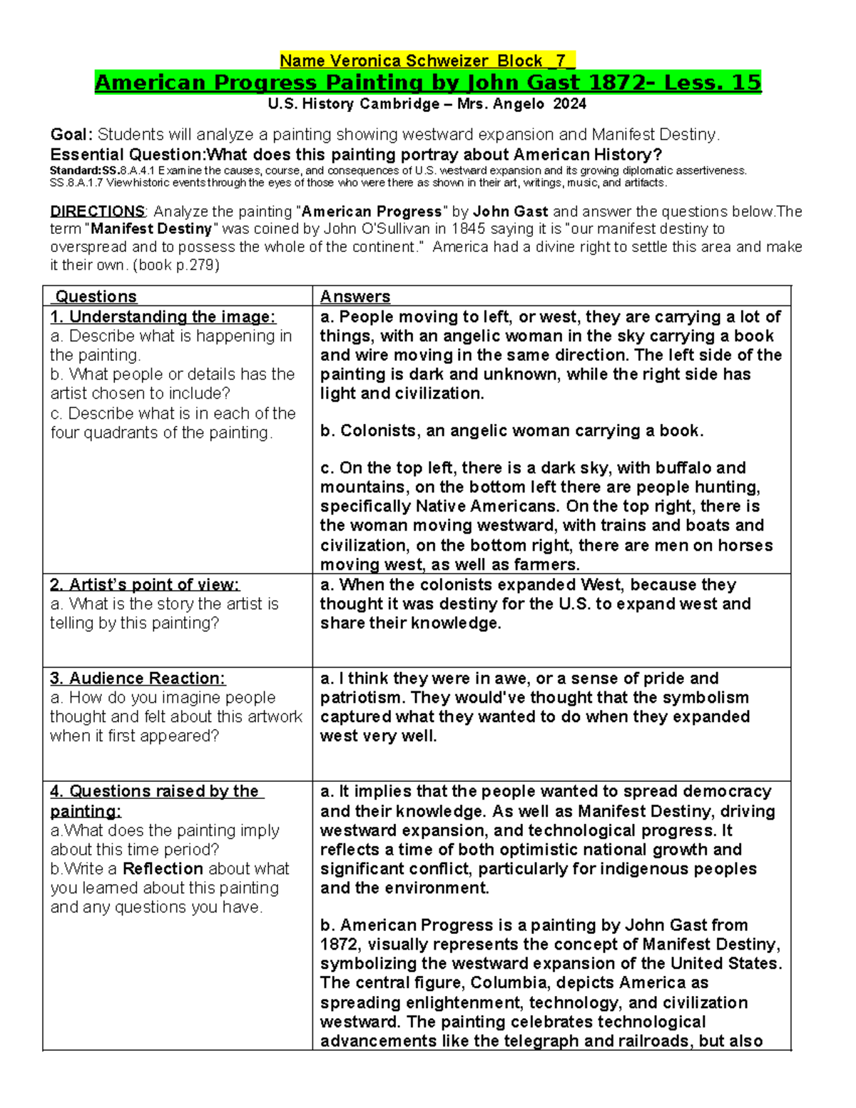 American Progress Painting Ques. Less. 15 2024 - Name Veronica ...