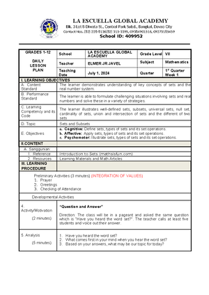 Lesson Plan -Grade 7-Simple Past Tense - DAILY LESSON PLAN A. School ...