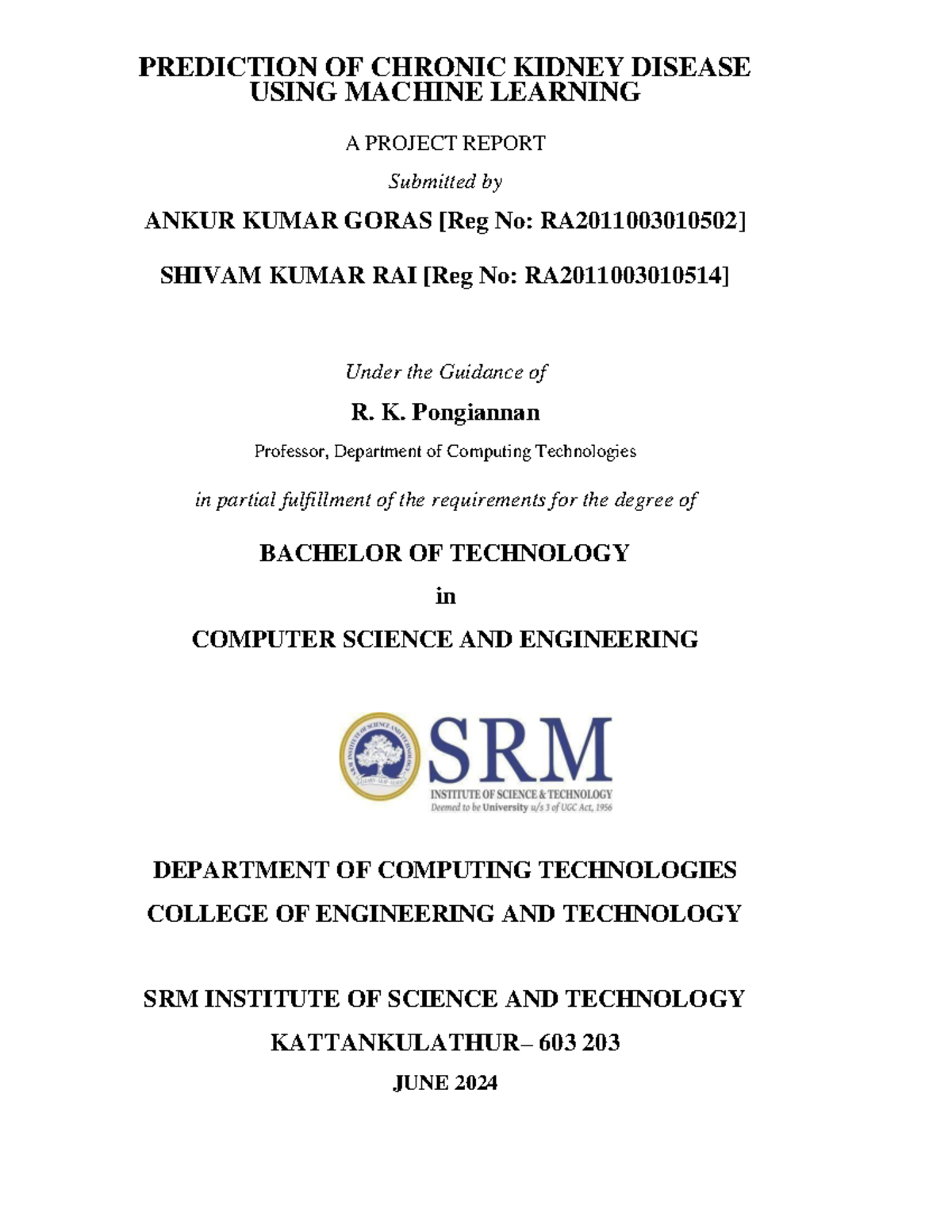 Report for chronic kidney disease - PREDICTION OF CHRONIC KIDNEY DISEASE USING MACHINE LEARNING ...