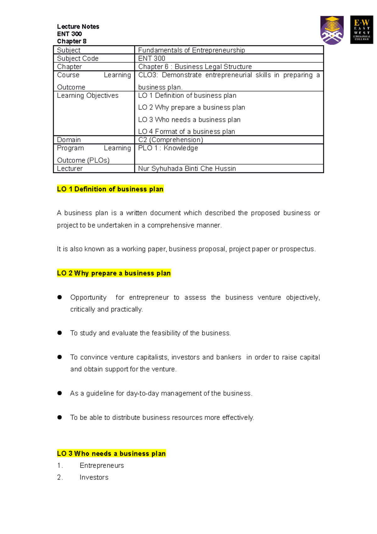Lecture Notes ENT 300 - ENT 300 Chapter 8 Subject Fundamentals of ...