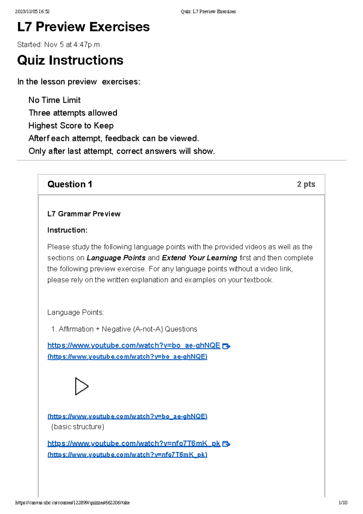 Quiz L7 Preview Exercises - L7 Preview Exercises Started: Nov 5 at 4:47p. Quiz Instructions In ...