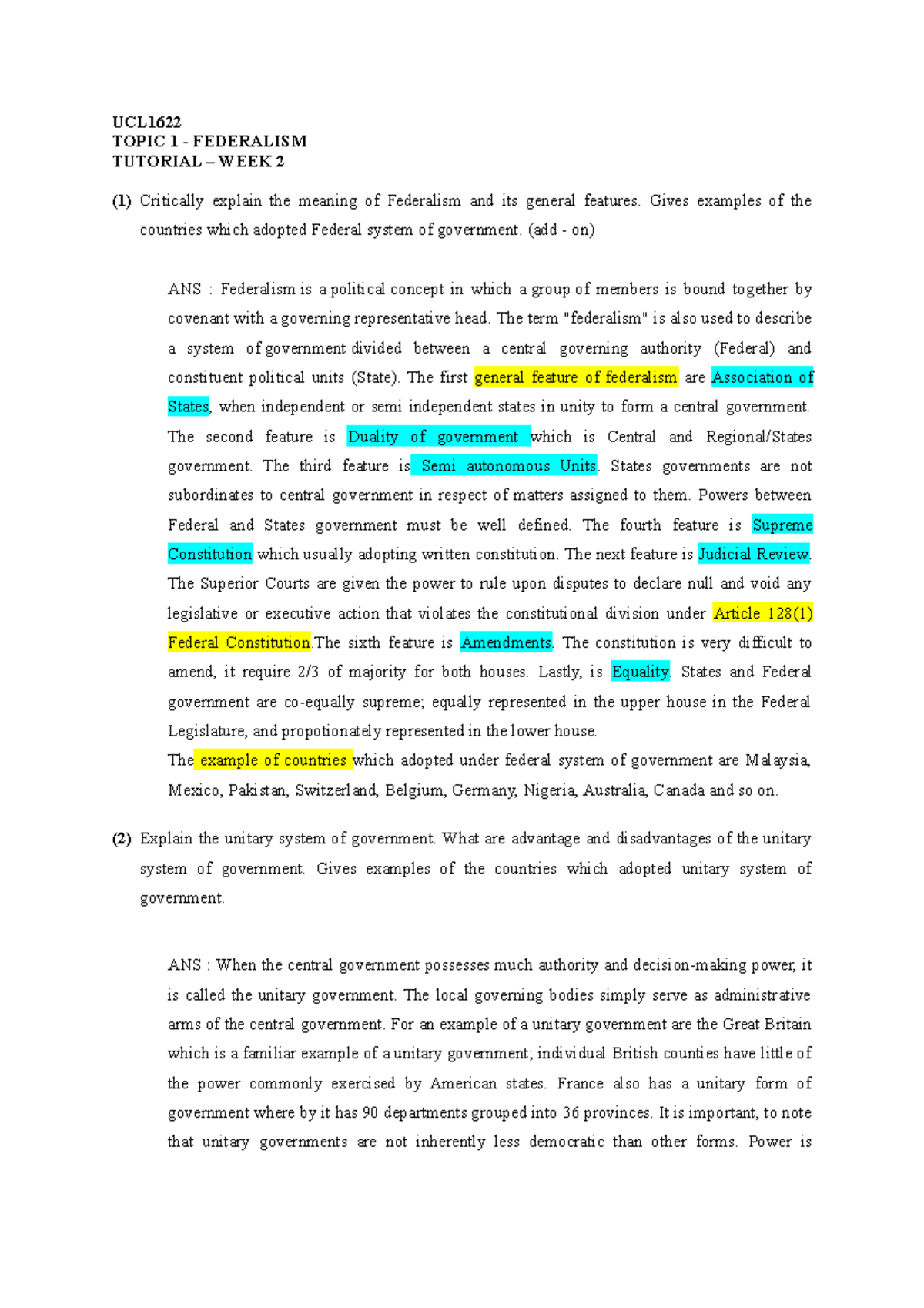Tutorial 1 - Federalism - UCL TOPIC 1 - FEDERALISM TUTORIAL – WEEK 2 (1 ...