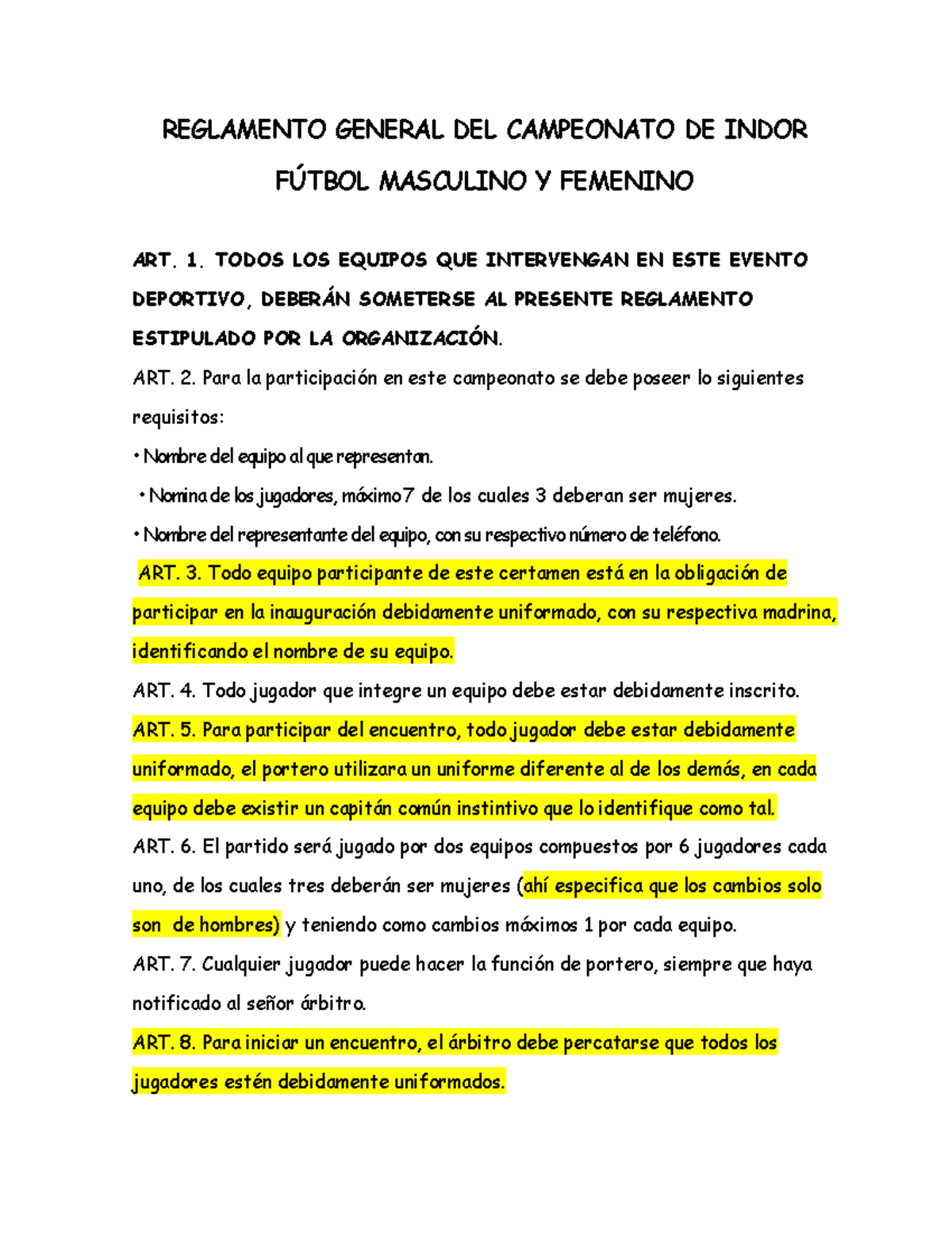 Reglamento General DEL Campeonato DE Indor Fútbol Masculino Y Femenino ...