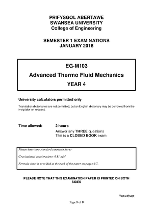 EG-M103 Exam Paper TB1 22-23 - PRIFYSGOL ABERTAWE SWANSEA UNIVERSITY Faculty of Science and ...
