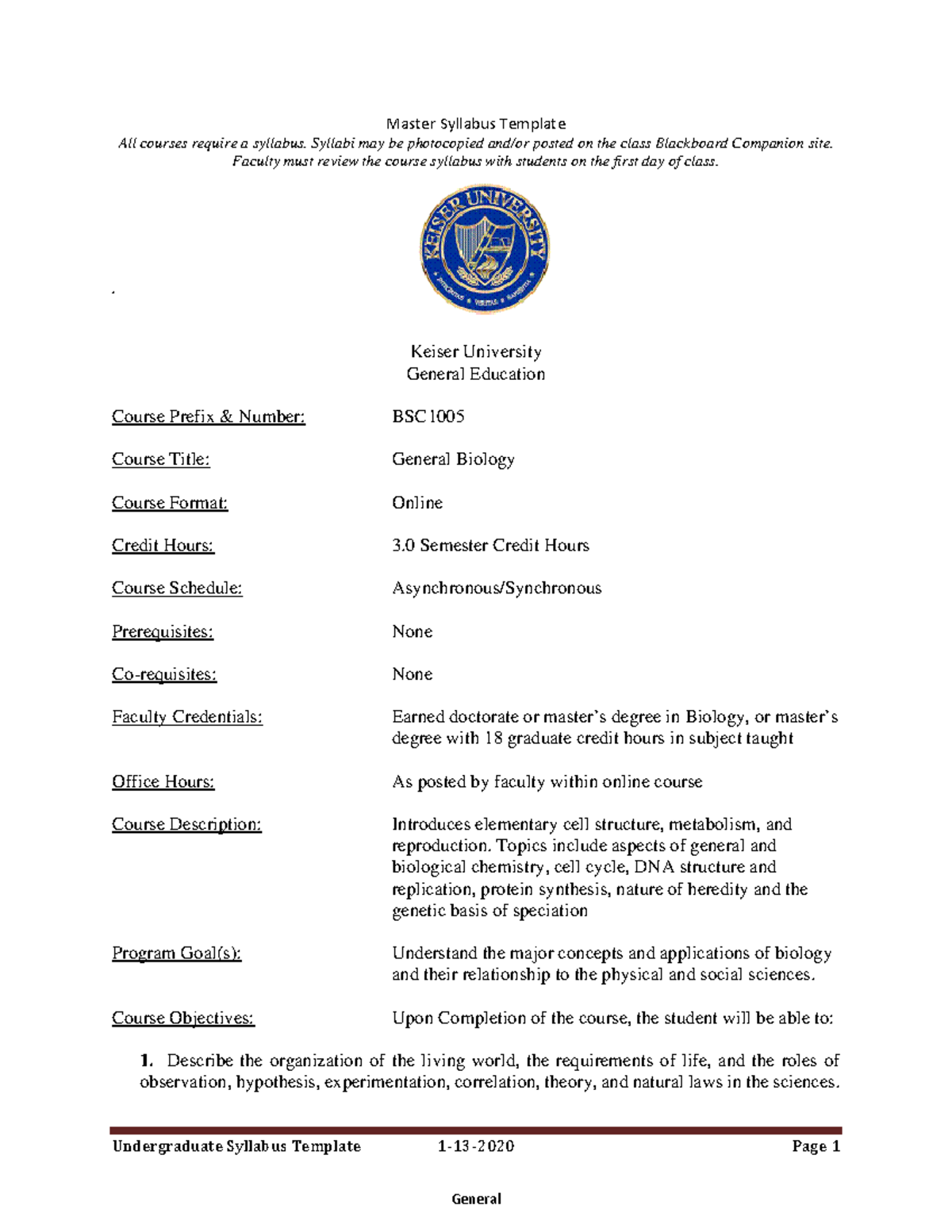BSC1005 MS General Biology -Detailed - Undergraduate Syllabus Template ...