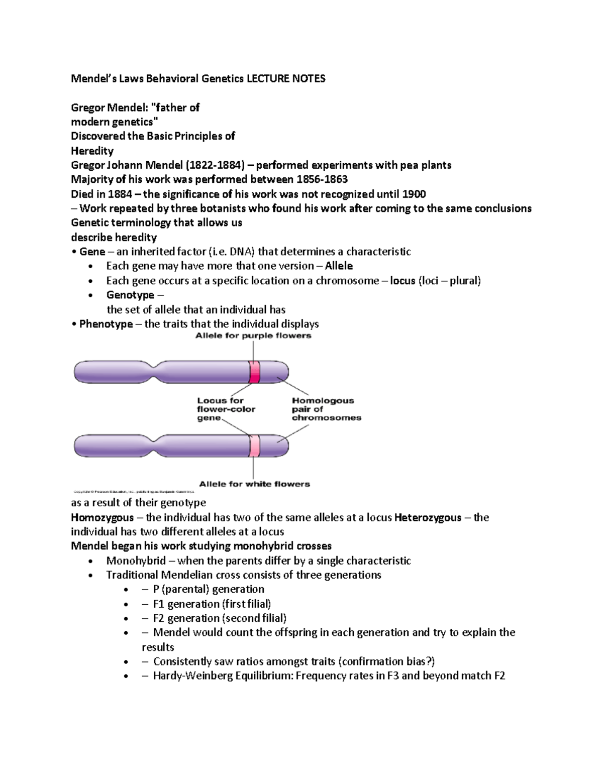 Mendel Lecture Notes - Mendel’s Laws Behavioral Genetics LECTURE NOTES ...