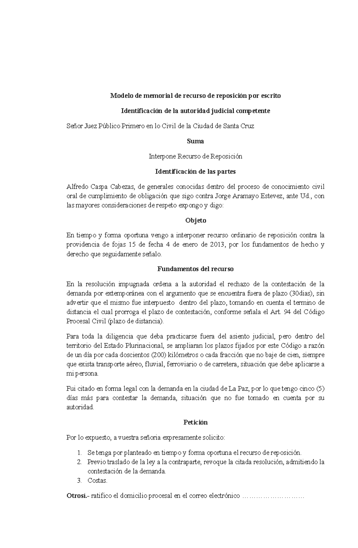 Recurso de reposición por escrito - Modelo de memorial de recurso de ...