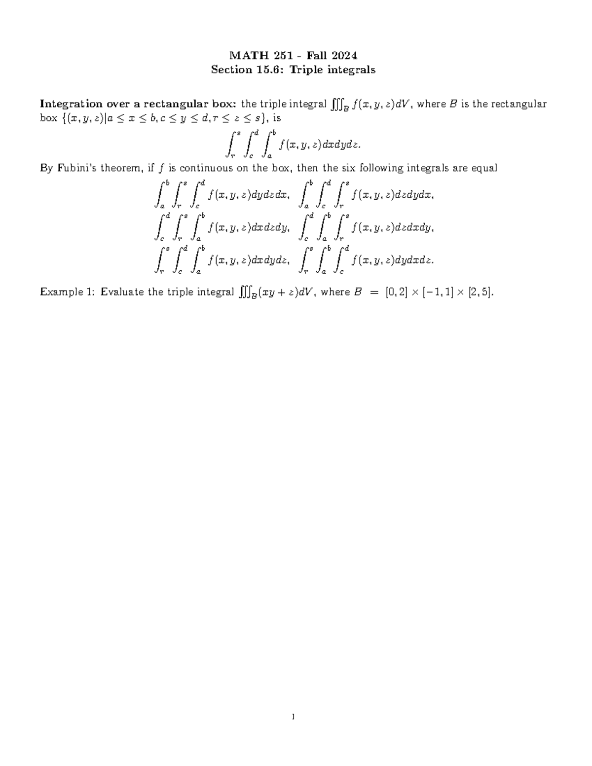 Notes 15 - MATH 251 - Fall 2024 Section 15: Triple integrals ...