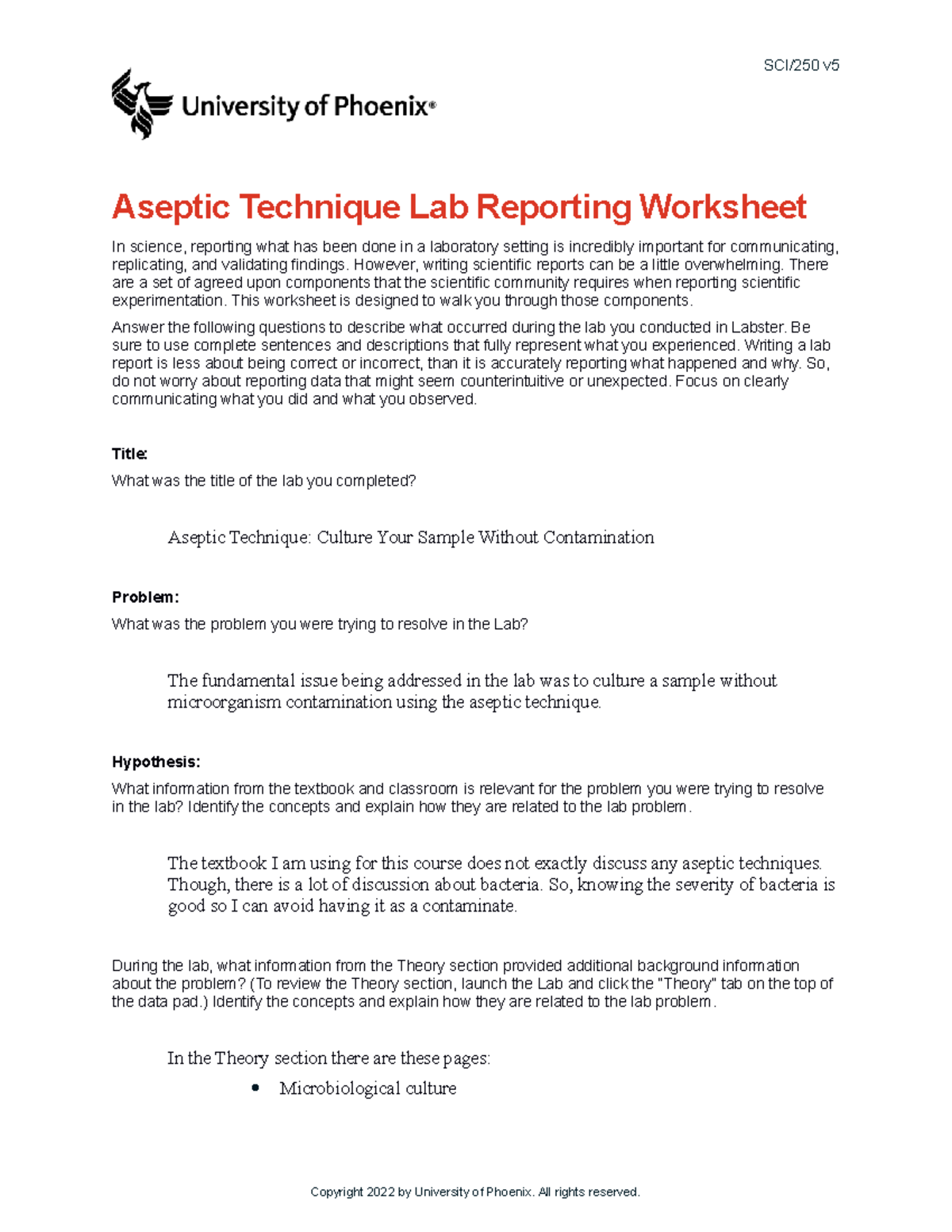 Sci250 v5 wk1 the aseptic technique lab report - SCI/250 v Aseptic ...