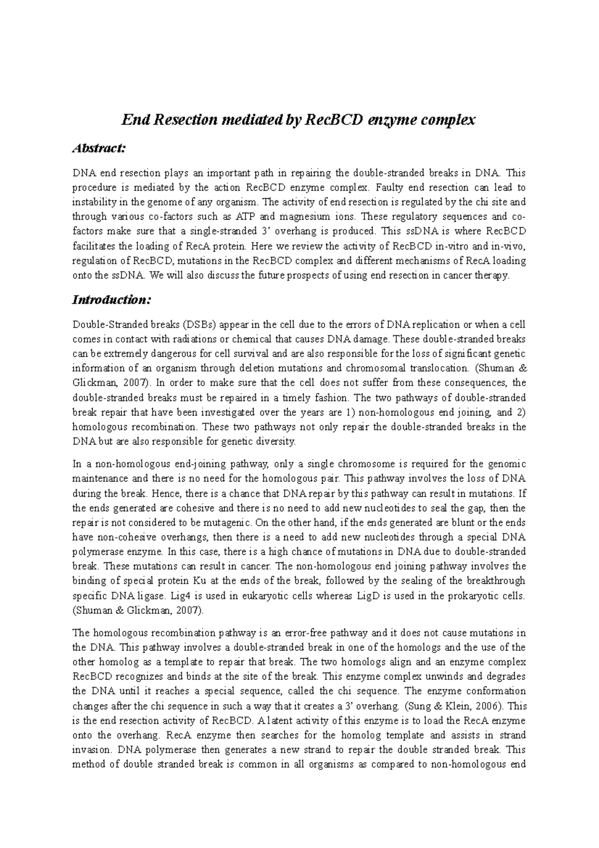 Assignment 2 Molecular Recbcd Enzyme Complex End Resection Mediated By Recbcd Enzyme Complex