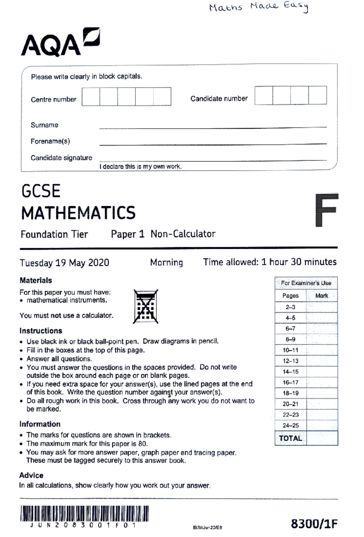 AQA GCSE Foundation Paper 1 - Matns Hade Easy AQA Please write clearly ...
