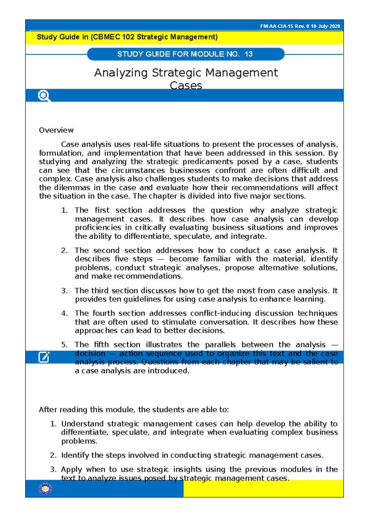 SG 13 Analyzing Strategic Management Cases - Study Guide in (CBMEC 102 Strategic Management ...