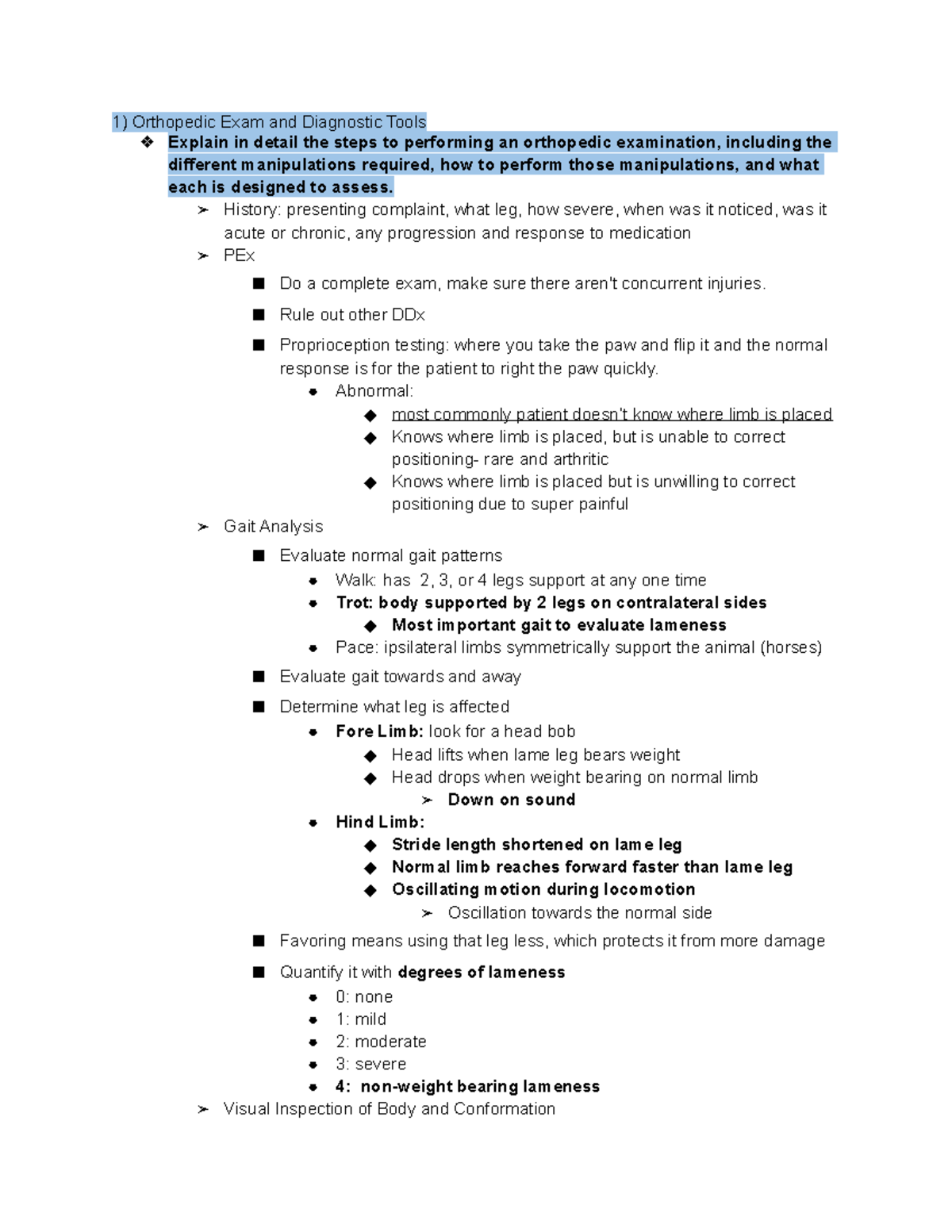 Ortho Surgery - lecture notes for exam 2 - 1) Orthopedic Exam and ...