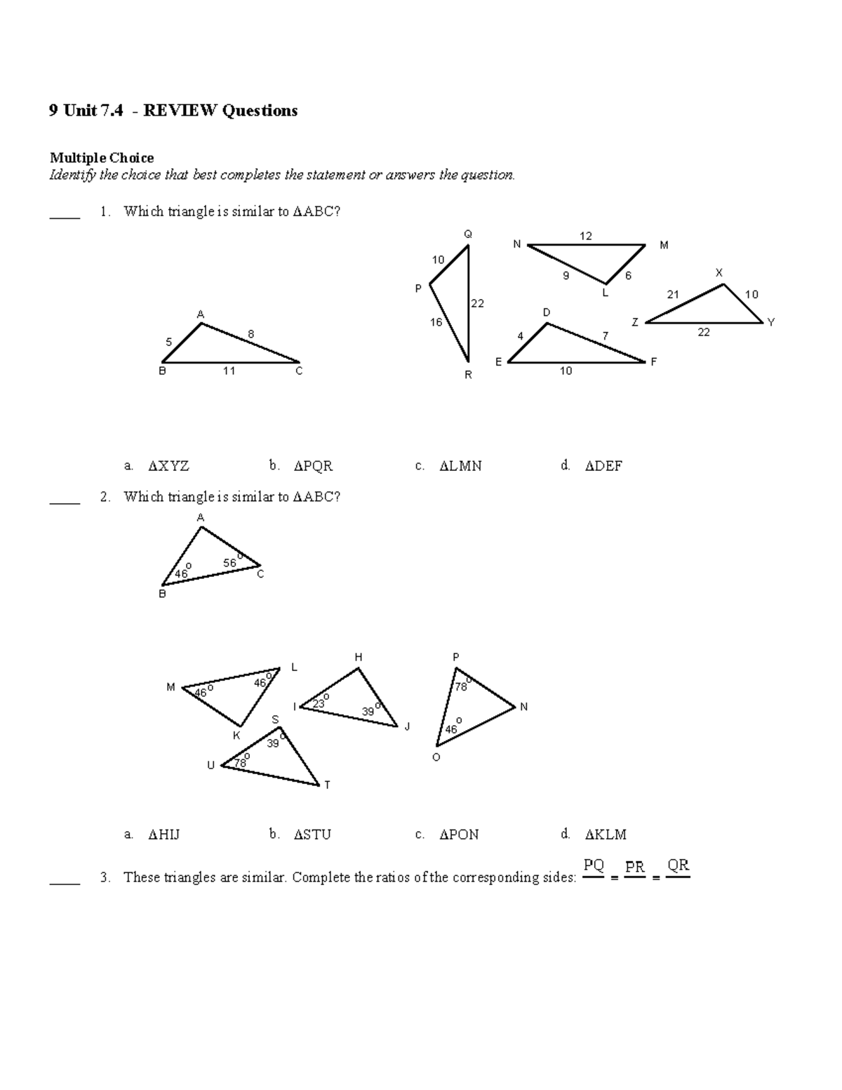 9 unit 7 - for unit angles - 9 Unit 7 - REVIEW Questions Multiple ...