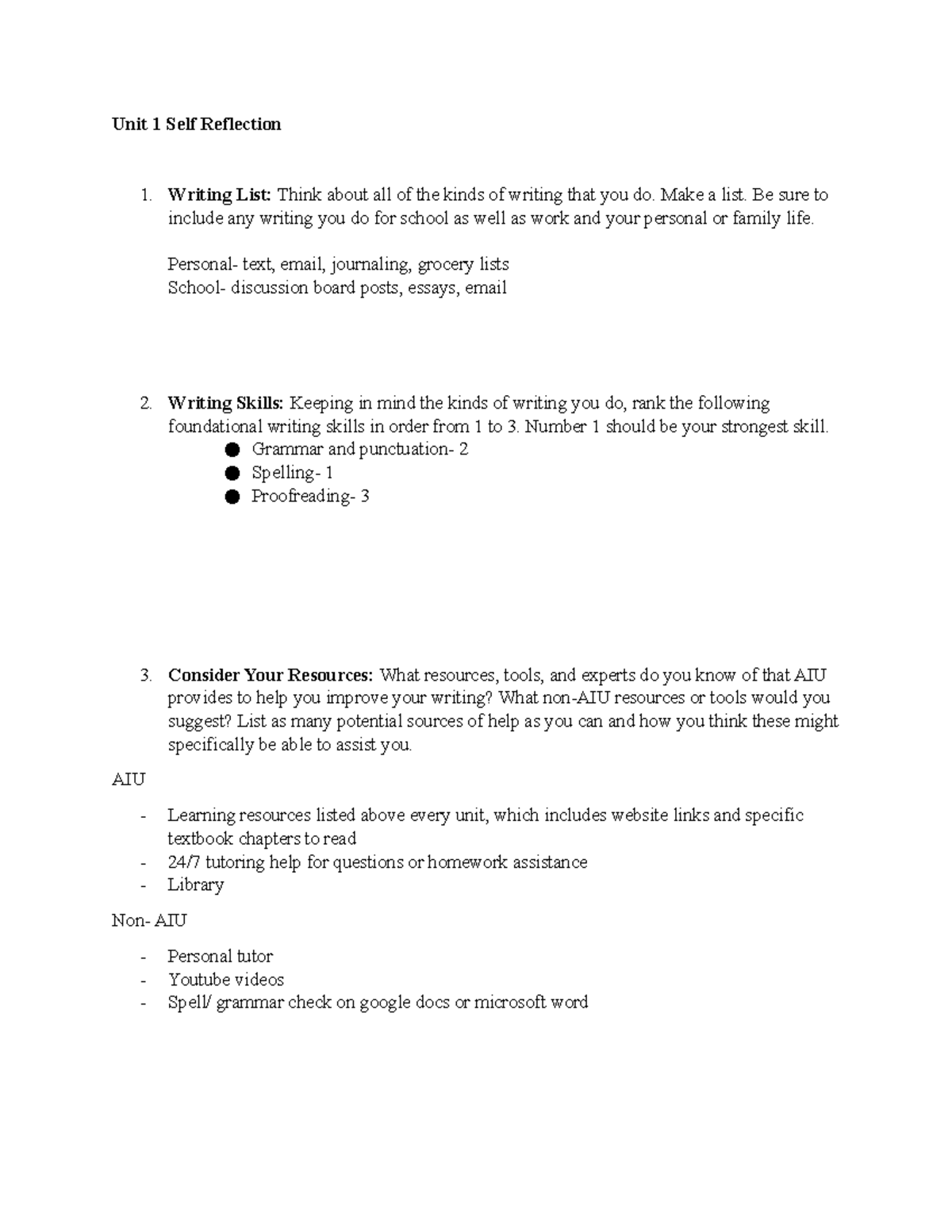 ENGL106 U1 Self Reflection Template - Unit 1 Self Reflection Writing ...