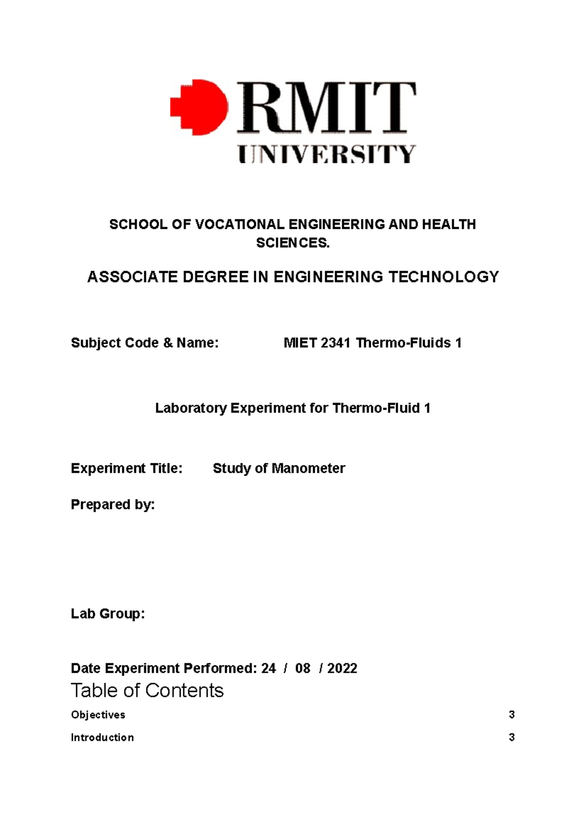 Thermo-Fluids - Study of manometer lab - SCHOOL OF VOCATIONAL ...