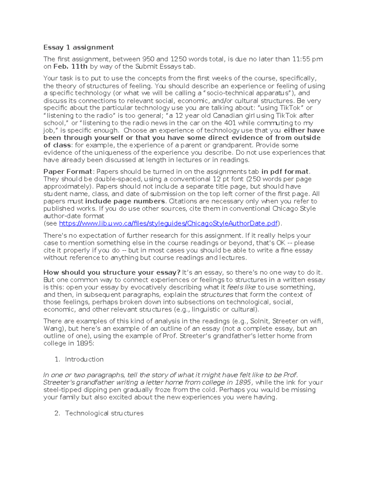 2500 short essay instructions - Essay 1 assignment The first assignment ...