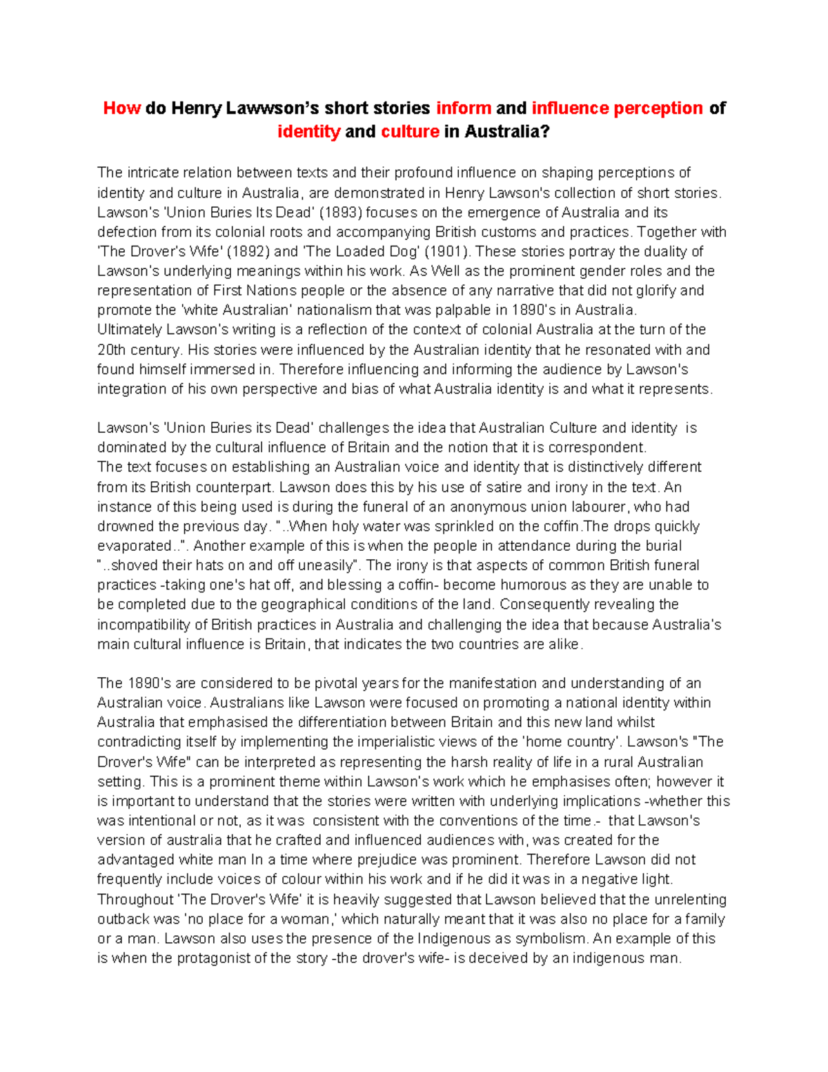 How do Henry Lawson’s short stories inform and influence perception of ...