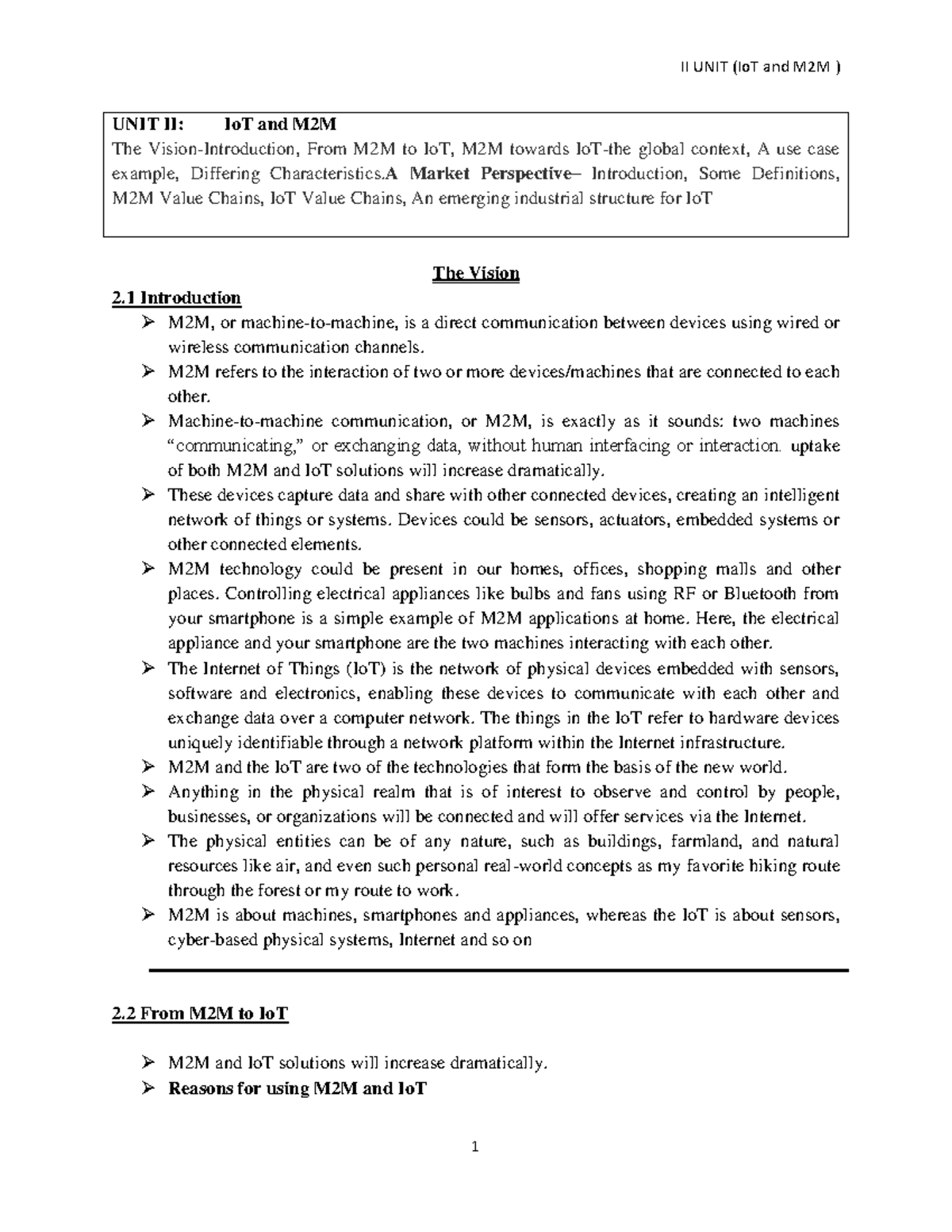 Iiunit IOT - UNIT II: IoT and M2M The Vision-Introduction, From M2M to IoT, M2M towards IoT-the ...