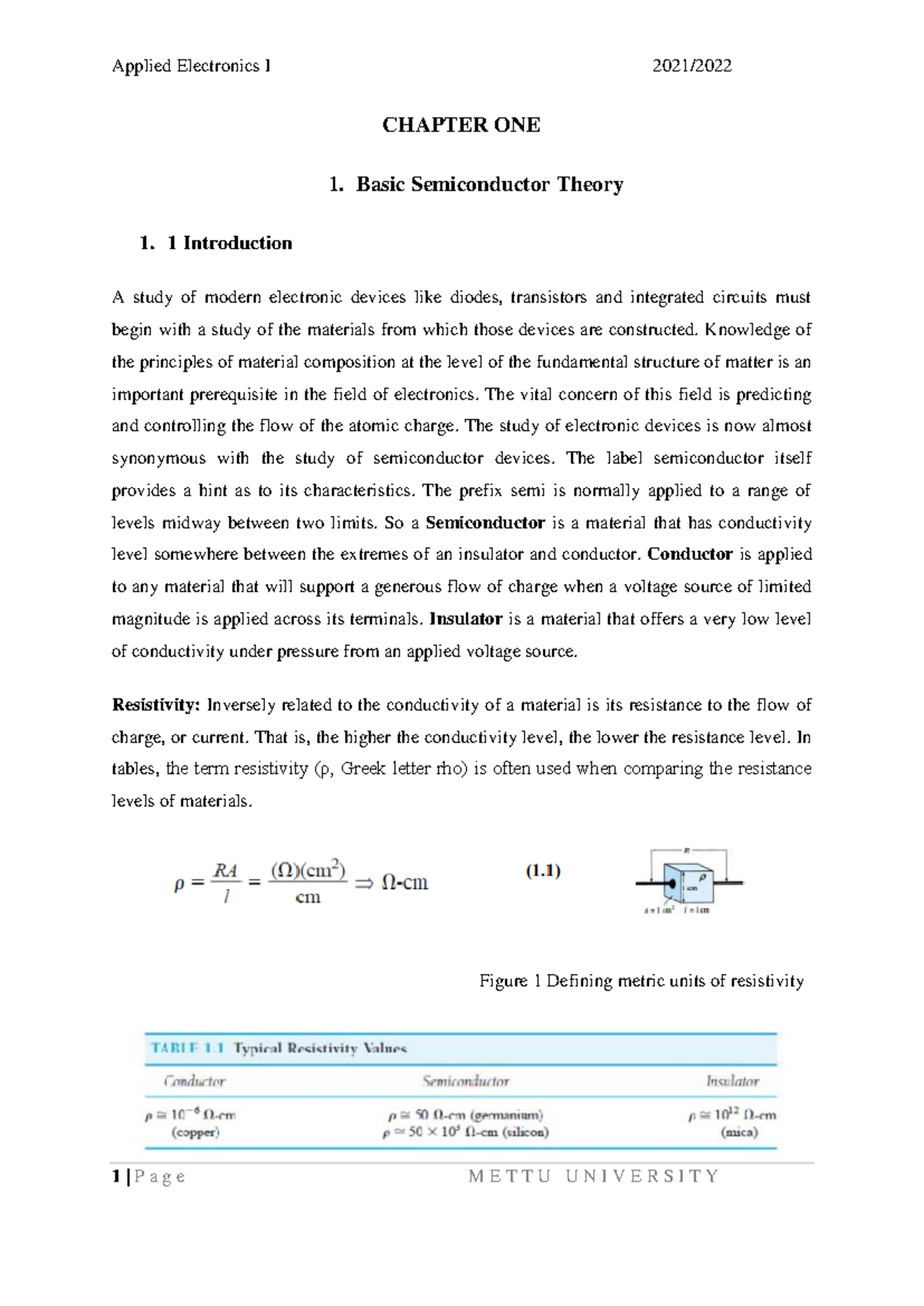 Chapter 1 - It can help students as a handout. - CHAPTER ONE 1. Basic Semiconductor Theory 1. 1 ...