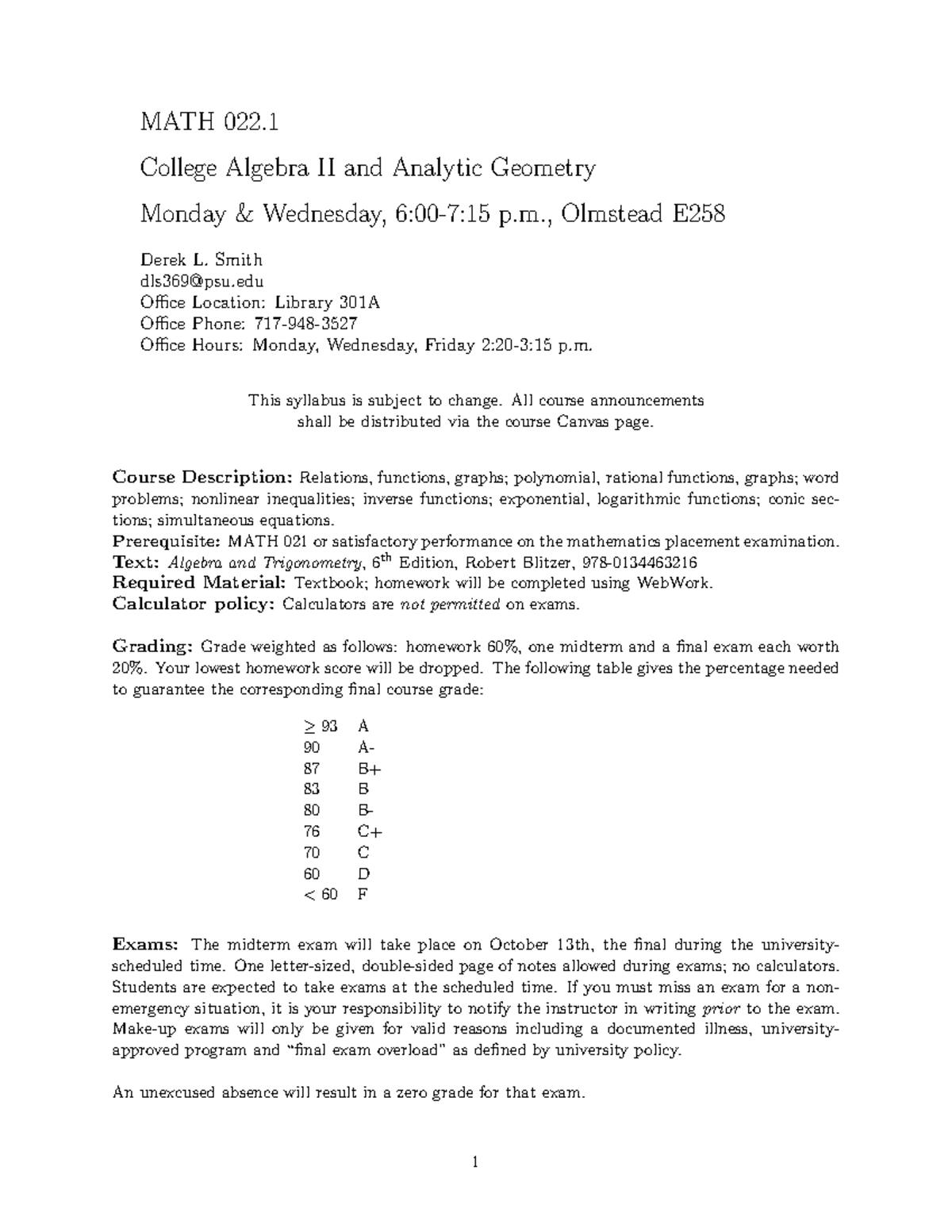 Syllabus - MATH 022. College Algebra II and Analytic Geometry Monday ...