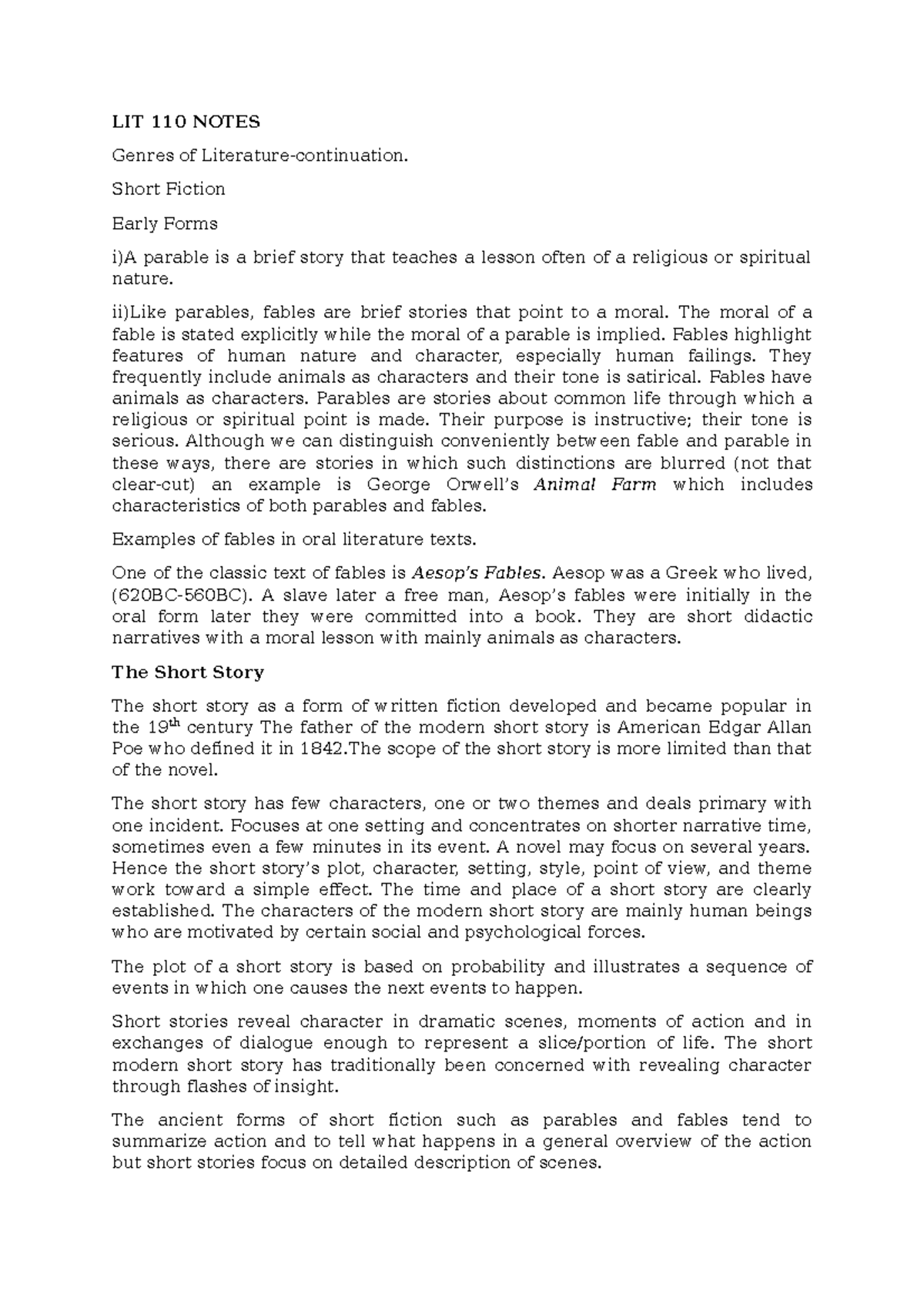 LIT 110 Notes - LIT 110 NOTES Genres of Literature-continuation. Short ...