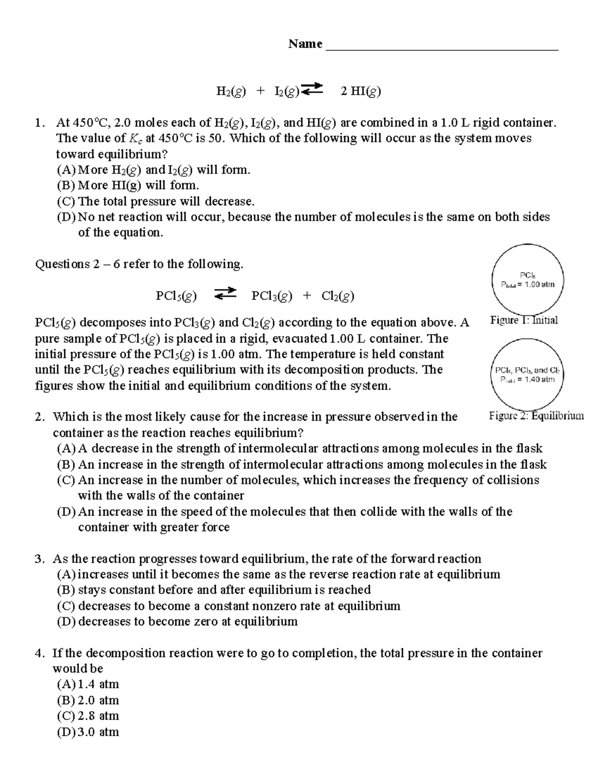 AP Chem Equilibrium PTest - Unit 6 Equilibrium Practice Test Name