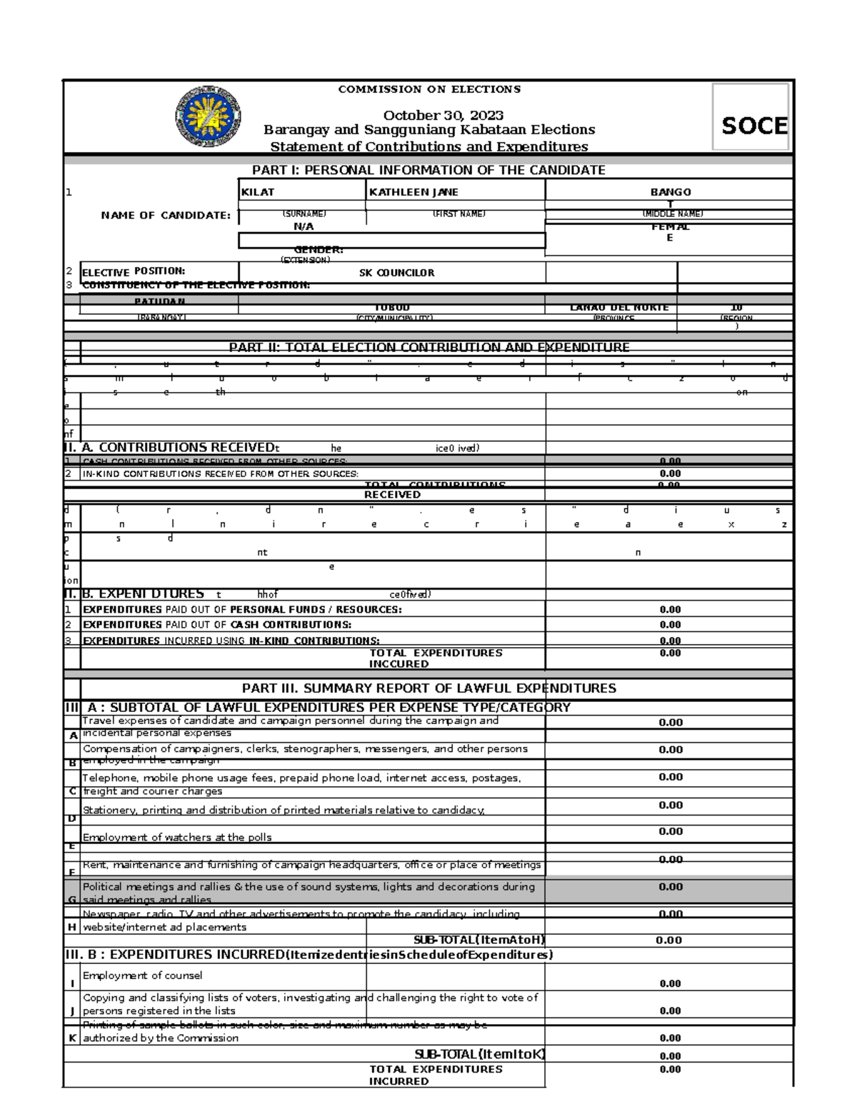 Soceform 1 Kilat - yes - COMMISSION ON ELECTIONS October 30, 2023 ...