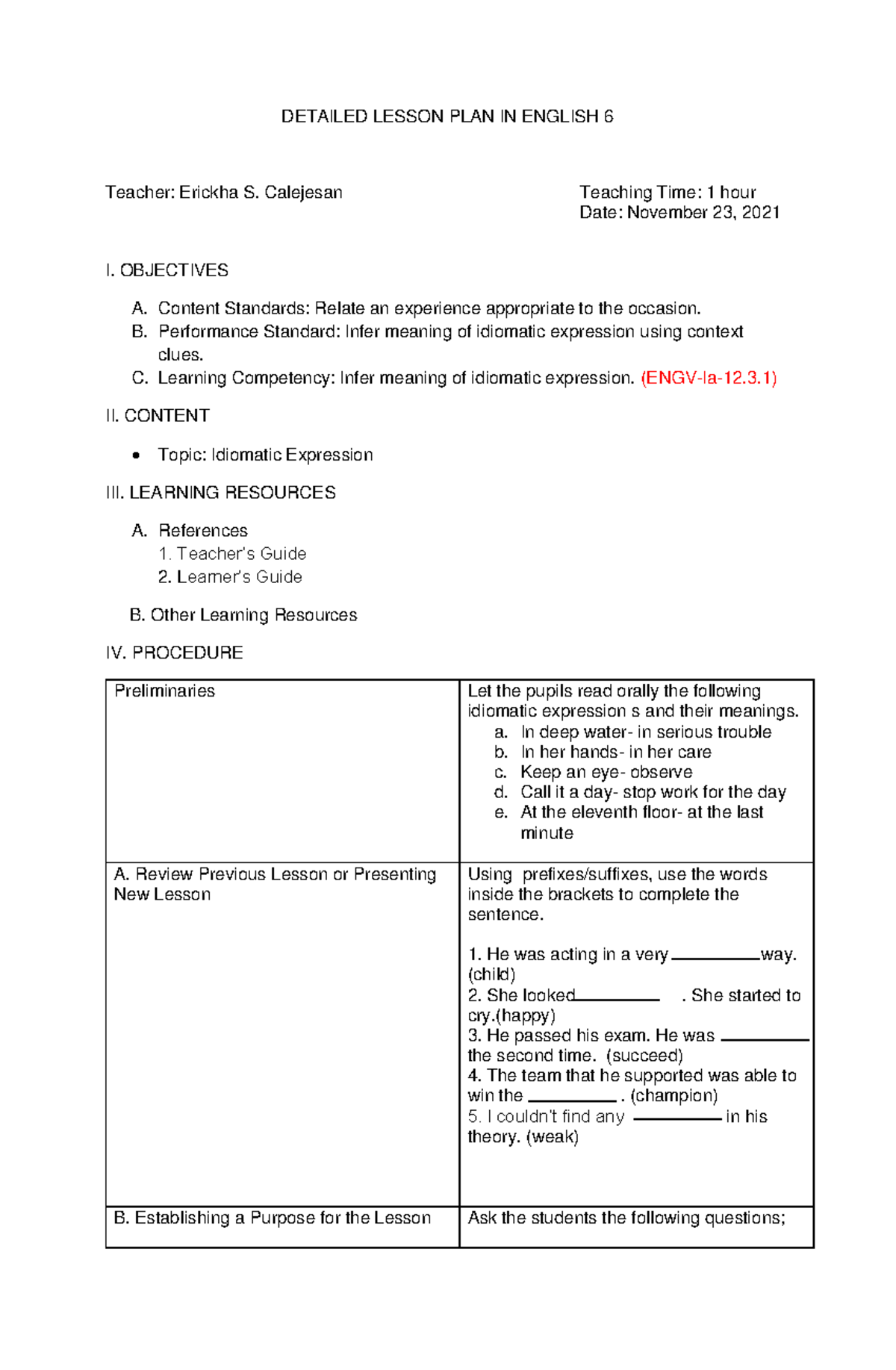 Detailed Lesson PLAN IN English 6 - DETAILED LESSON PLAN IN ENGLISH 6 ...