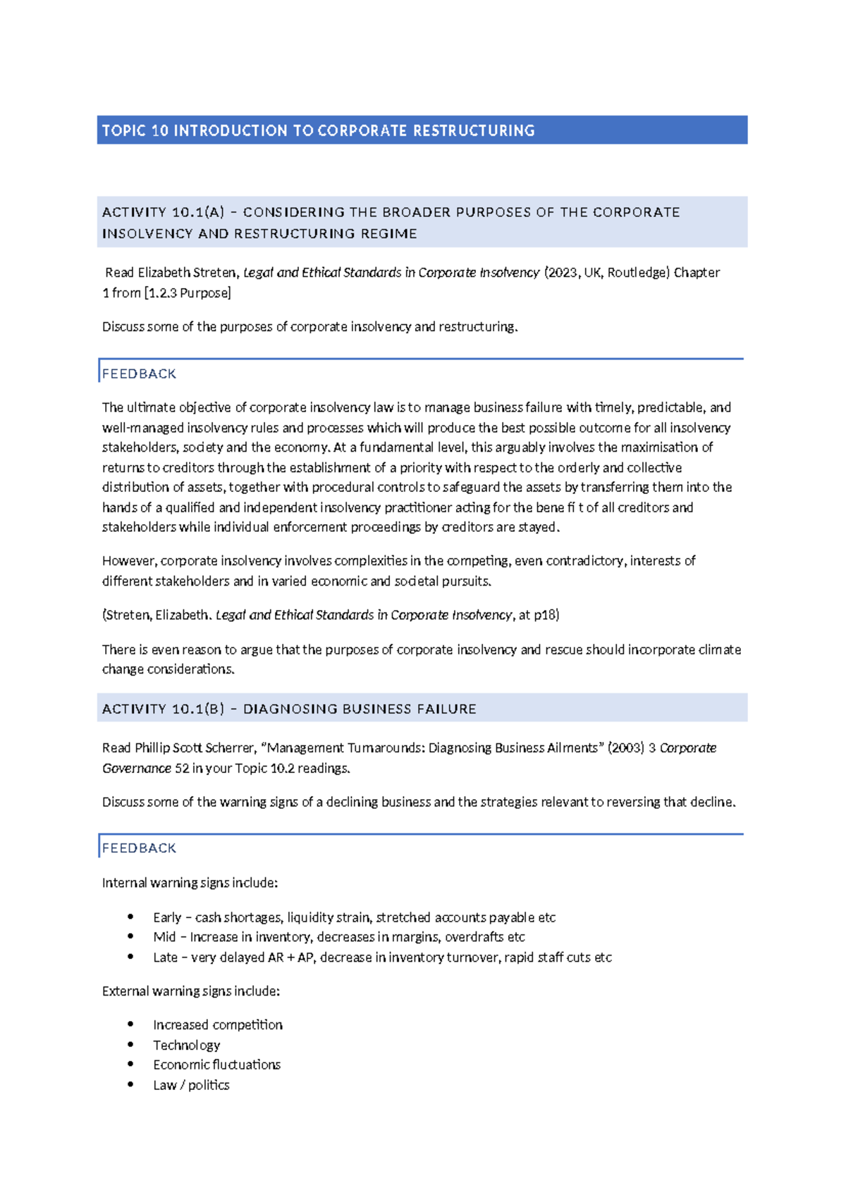 LLH474 Topic 10 Introduction to Corporate Restructuring Online Feedback ...