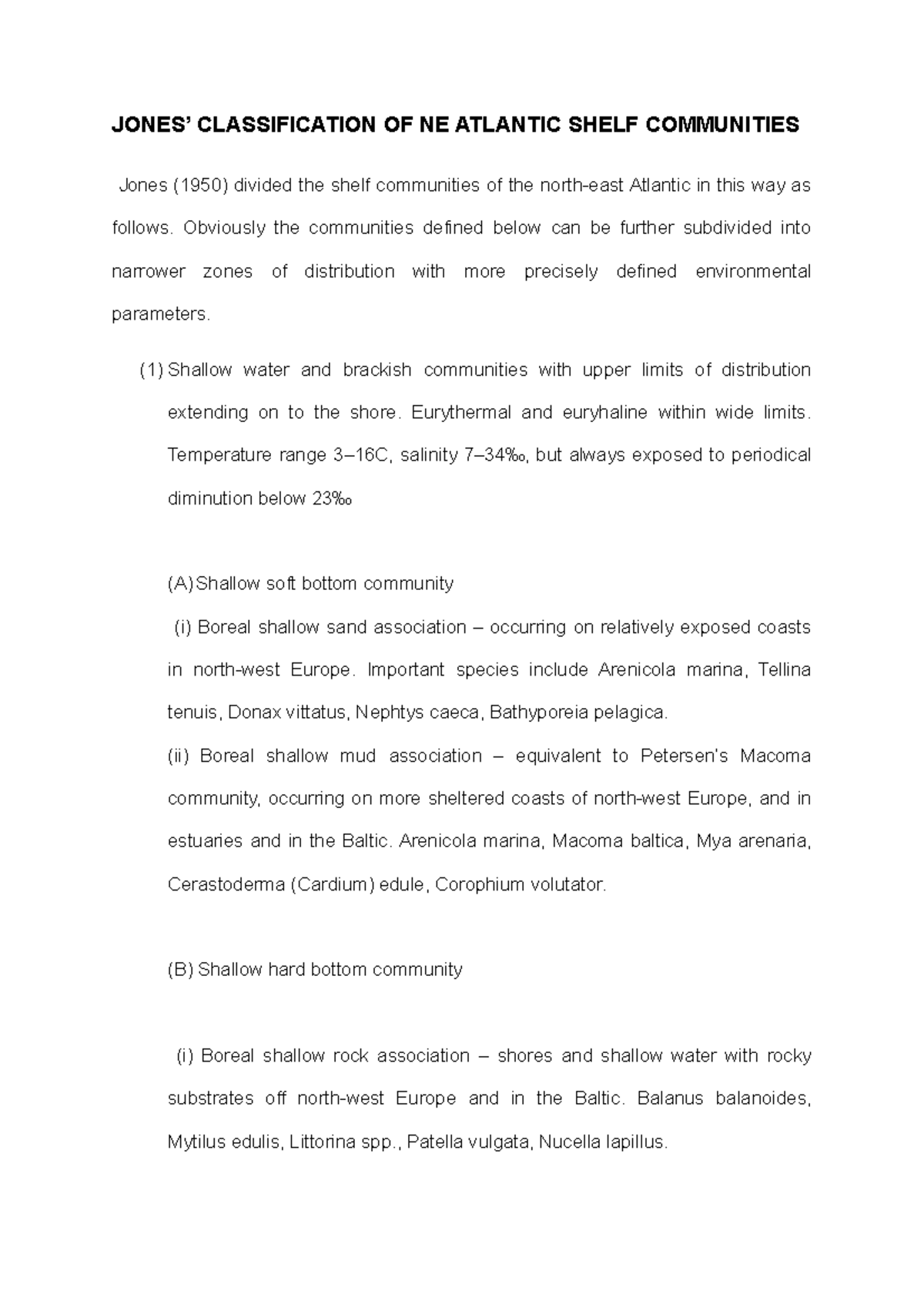 Lecture Notes Jones’ Classification OF NE Atlantic Shelf Communities ...