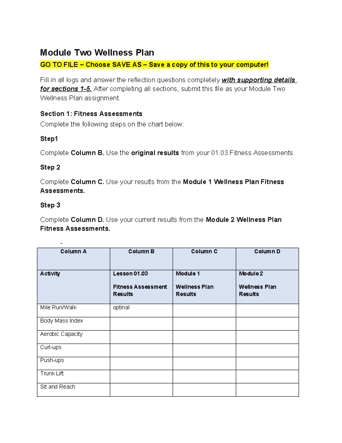 Module two wellness plan - Module Two Wellness Plan GO TO FILE – Choose ...