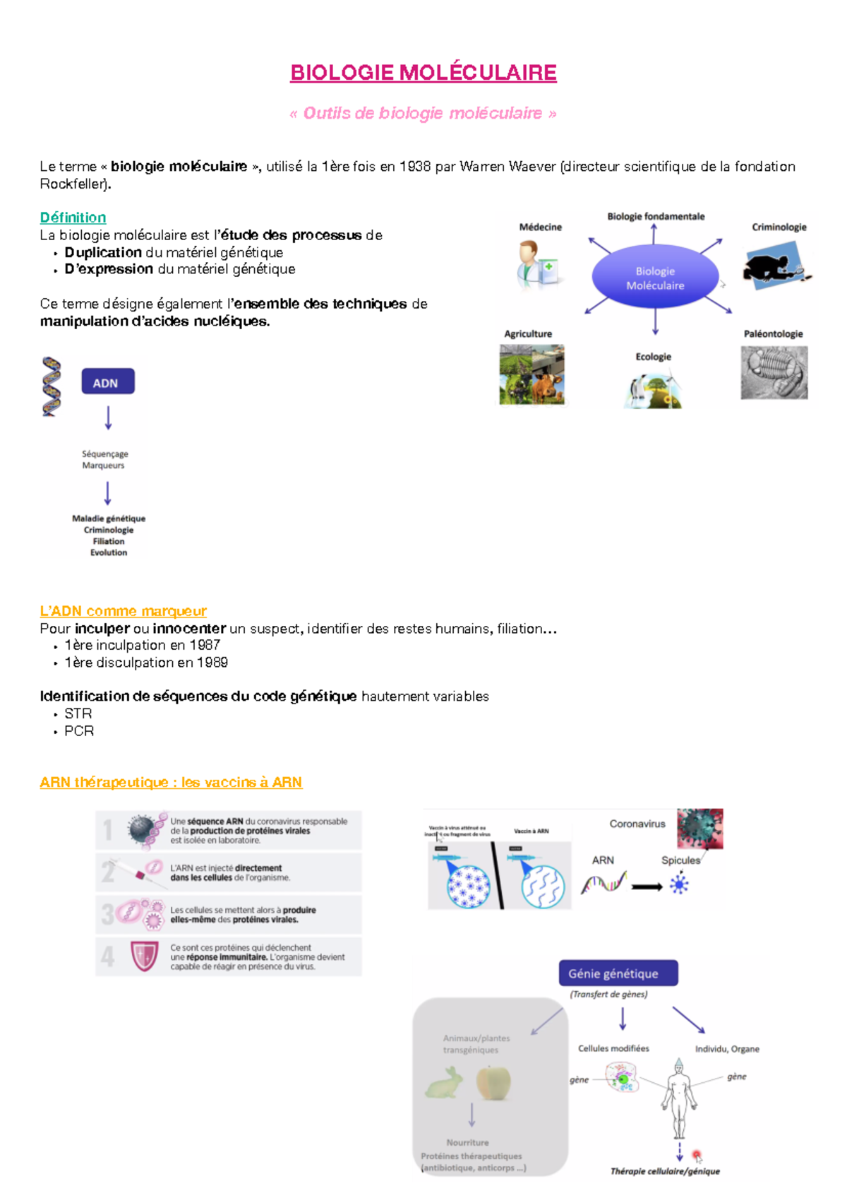 (1) Outils de biologie moléculaire - BIOLOGIE MOLÉCULAIRE « Outils de biologie moléculaire » Le ...