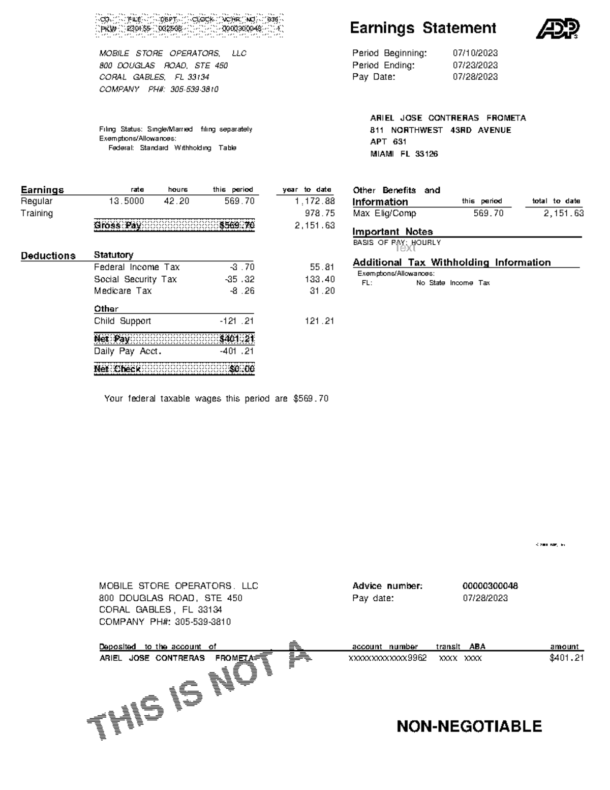 Payroll Tmobile JUL 27 2023 - Earnings Statement 2000 ADP, Inc ...