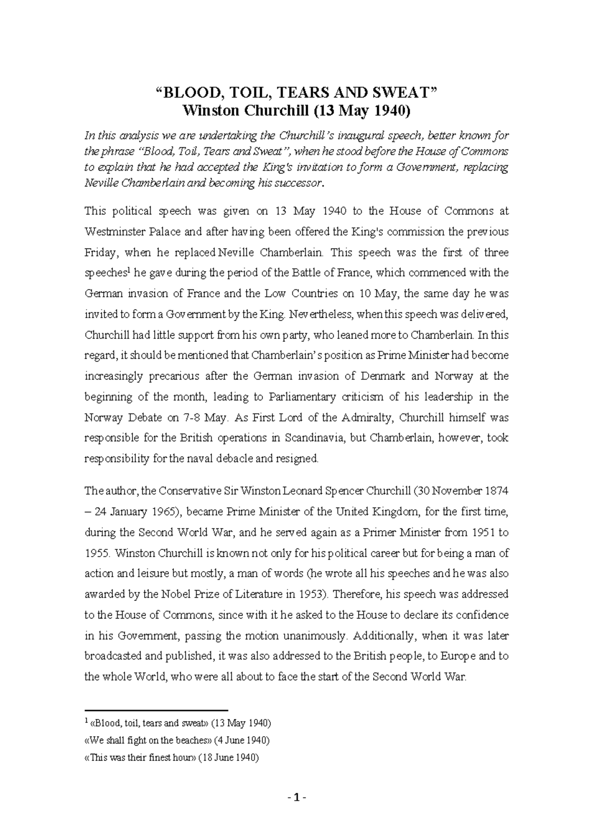 PEC1 British Civilization Churchill - “BLOOD, TOIL, TEARS AND SWEAT ...