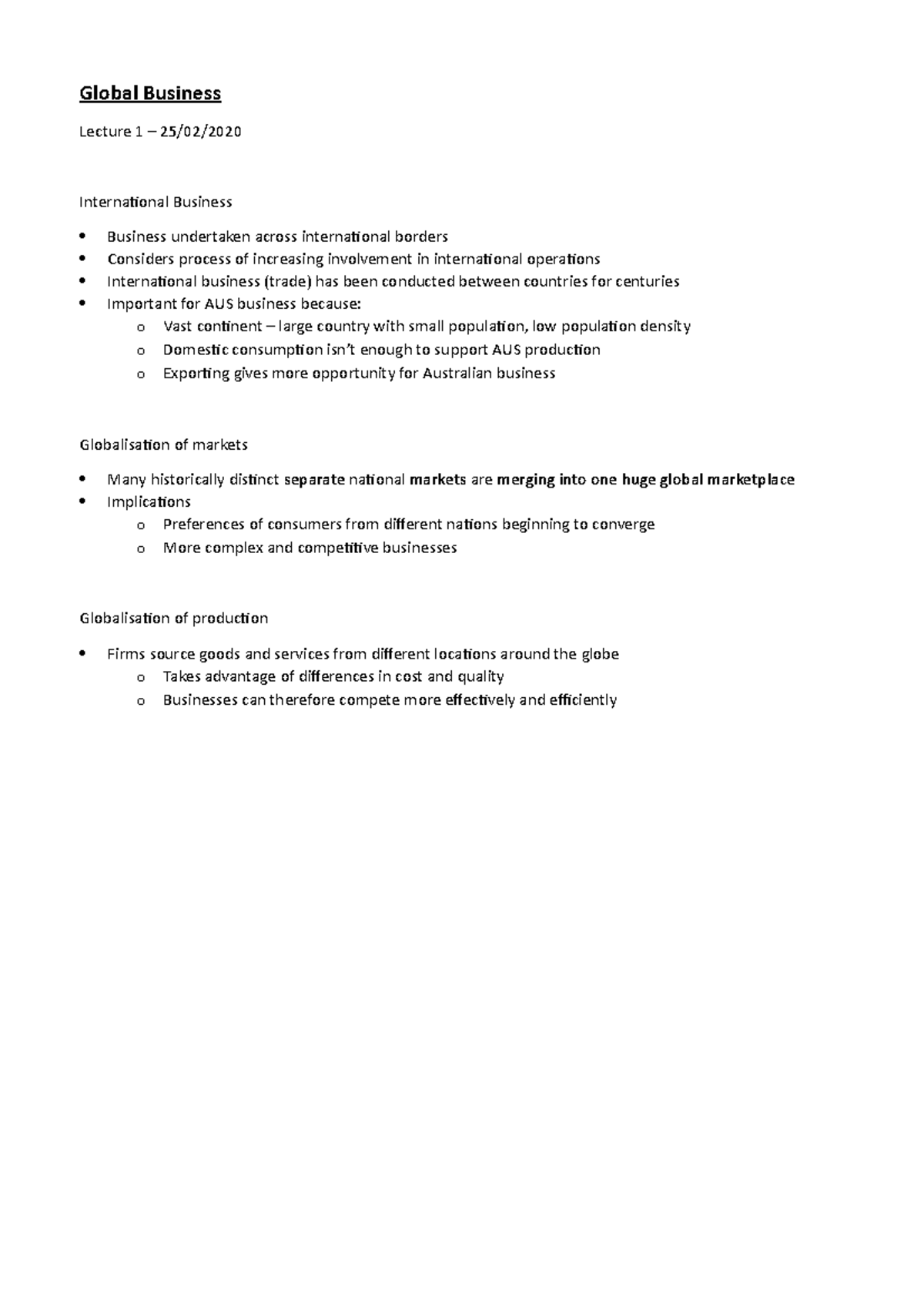 Global Business Lecture Notes - Global Business Lecture 1 – 25/02 ...