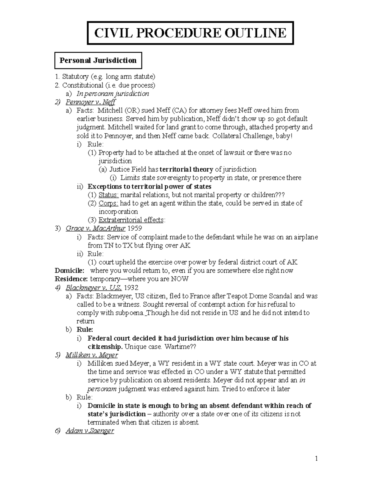 civ pro outline - Statutory (e. long arm statute) Constitutional (i ...