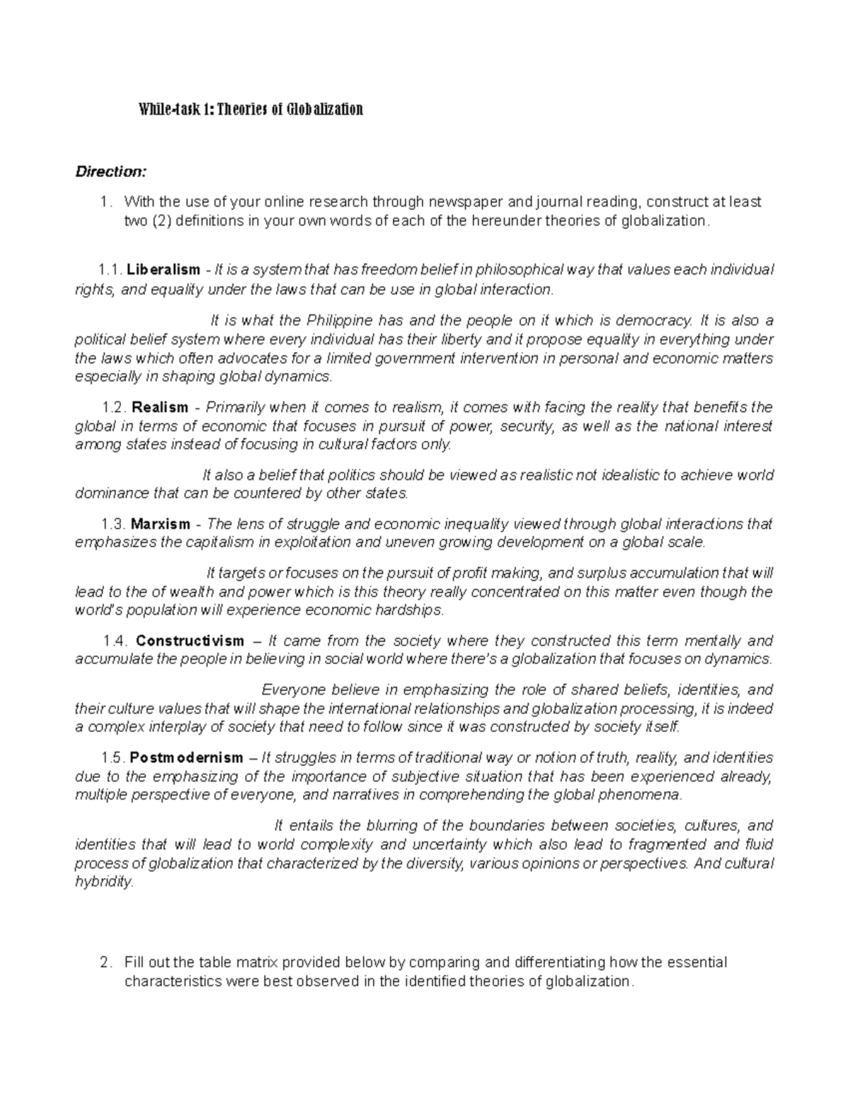 M1 While-TASK - Theories of Globalization - While-task 1: Theories of Globalization Direction: 1 ...