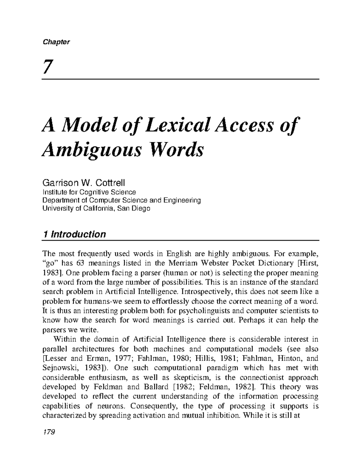 Cottrell 12 - notes - Chapter 7 A Model of Lexical Access of Ambiguous ...