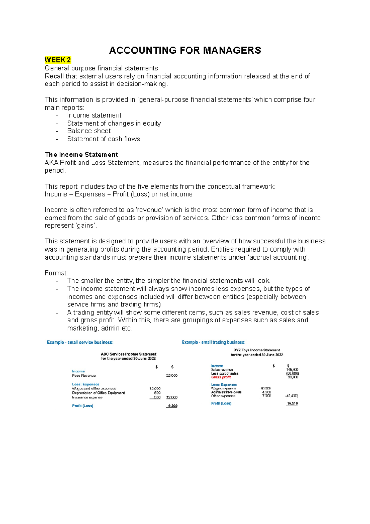 Accounting FOR Managers Notes - ACCOUNTING FOR MANAGERS WEEK 2 General ...
