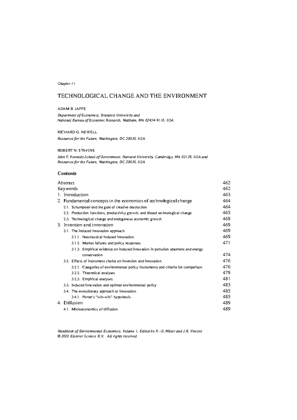 Technological change and the environment handbook chapter - Chapter 11 ...