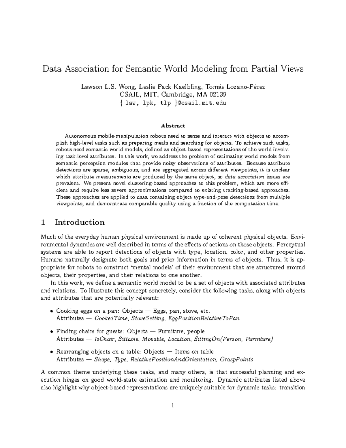 Data association for semantic world modeling from partial views - Data Association for Semantic ...