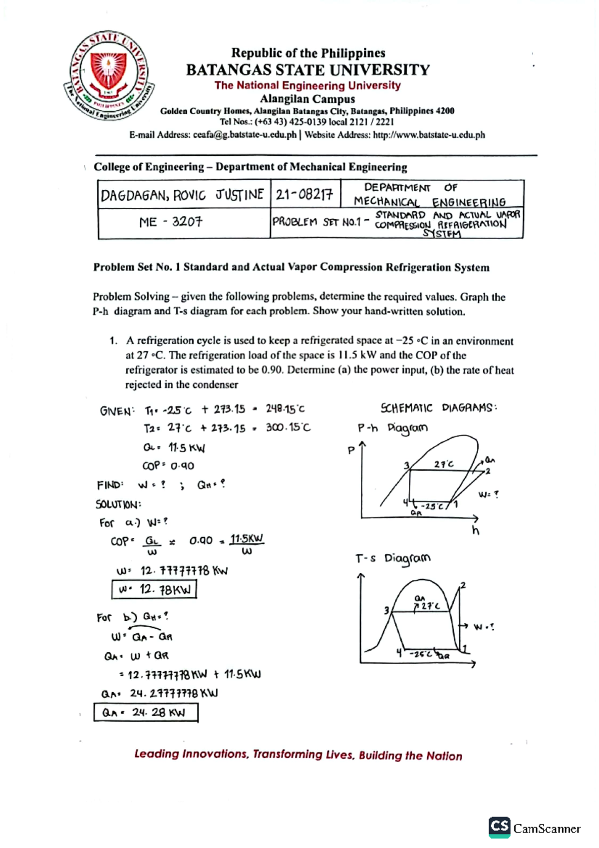 Problem Set no. 1 - Actual Vapor Cycle - BS Mechanical Engineering - Studocu
