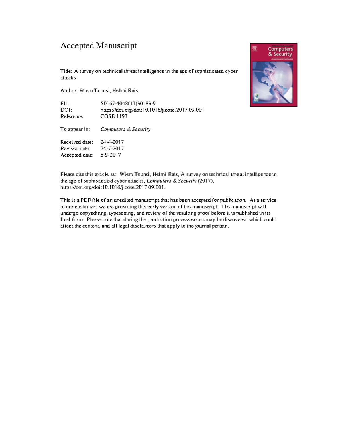 10 A survey on technical threat intelligence in t - 1016/j.cose.2017 ...